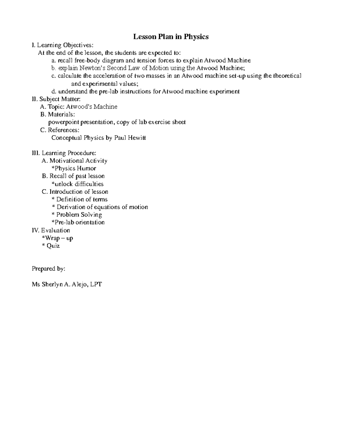 Lesson Plan in Physics (Atwood Machine) - Lesson Plan in Physics I ...