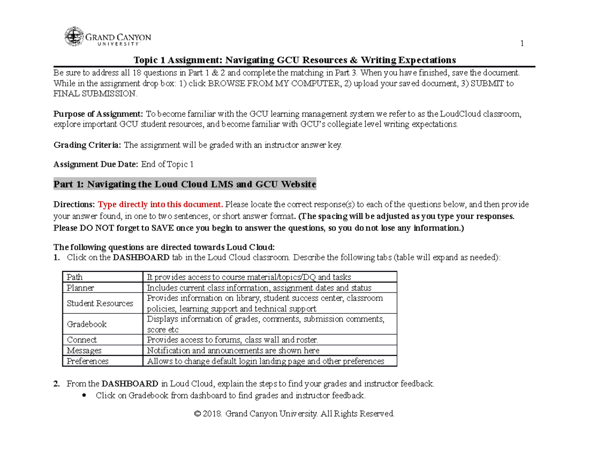 UNV103 T1 Navigating LC5 Online - Topic 1 Assignment: Navigating GCU ...