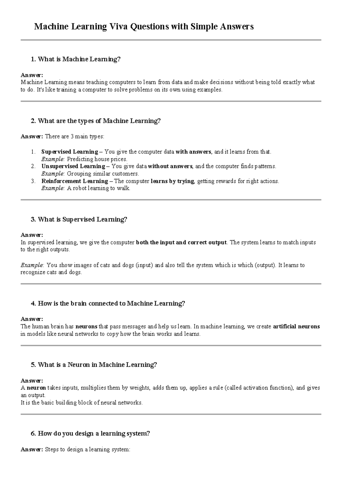 Machine Learning (ML) Viva Questions & Simple Answers Guide - Studocu