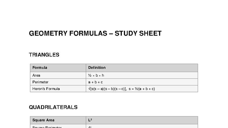 Geometry Formulas Study Sheet: Triangles & Quadrilaterals - Studocu