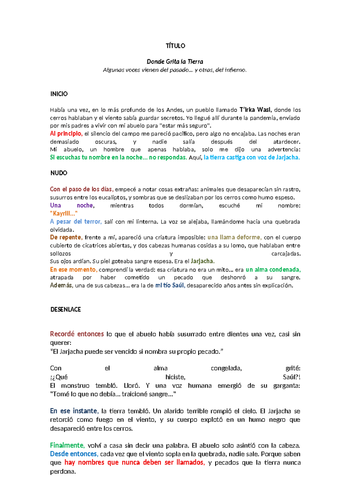 Texto Narrativo: El Jarjacha y Sus Secretos en Wasi - Studocu