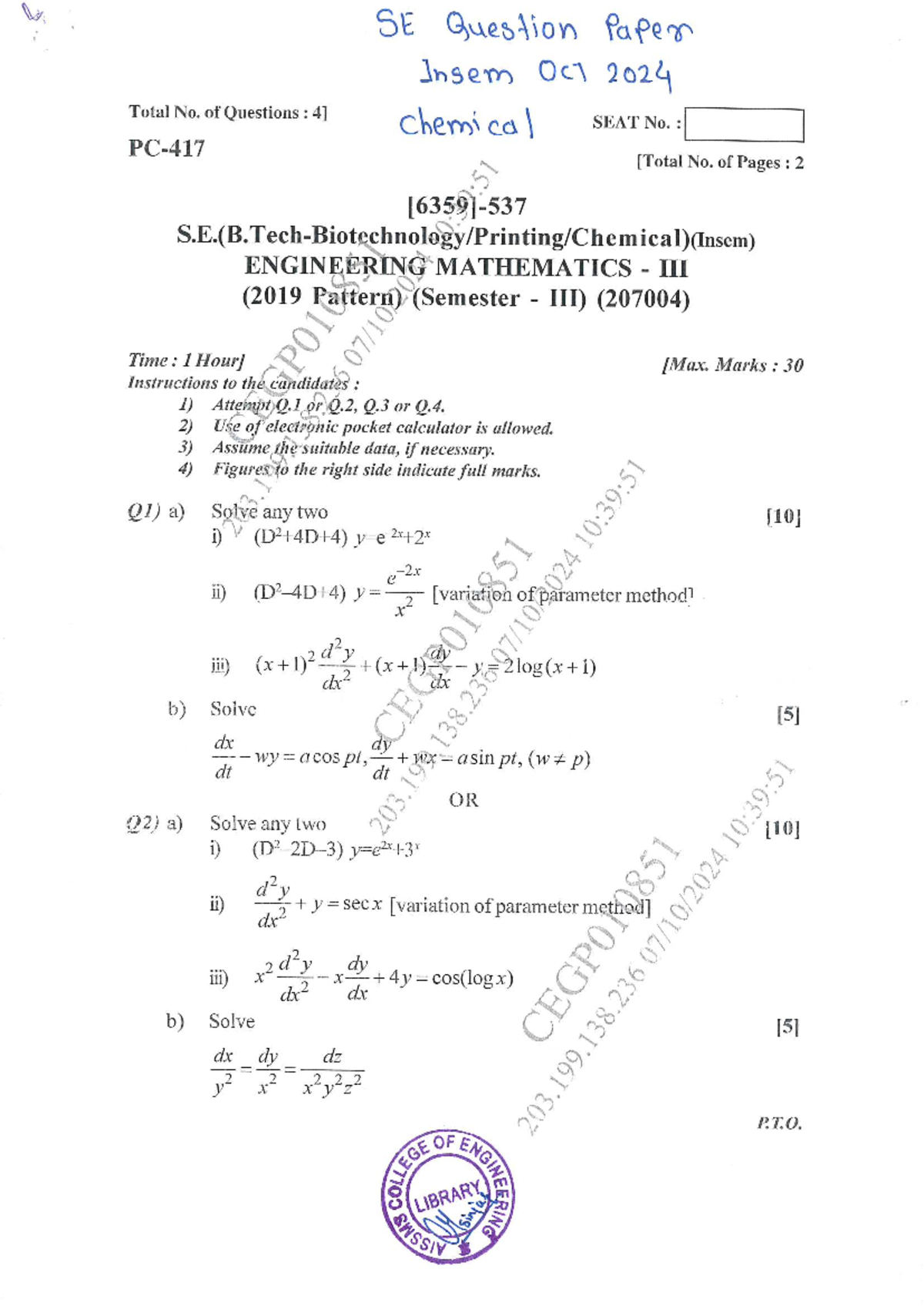 SE Chemical Insem Question Paper - October 2024 - Studocu