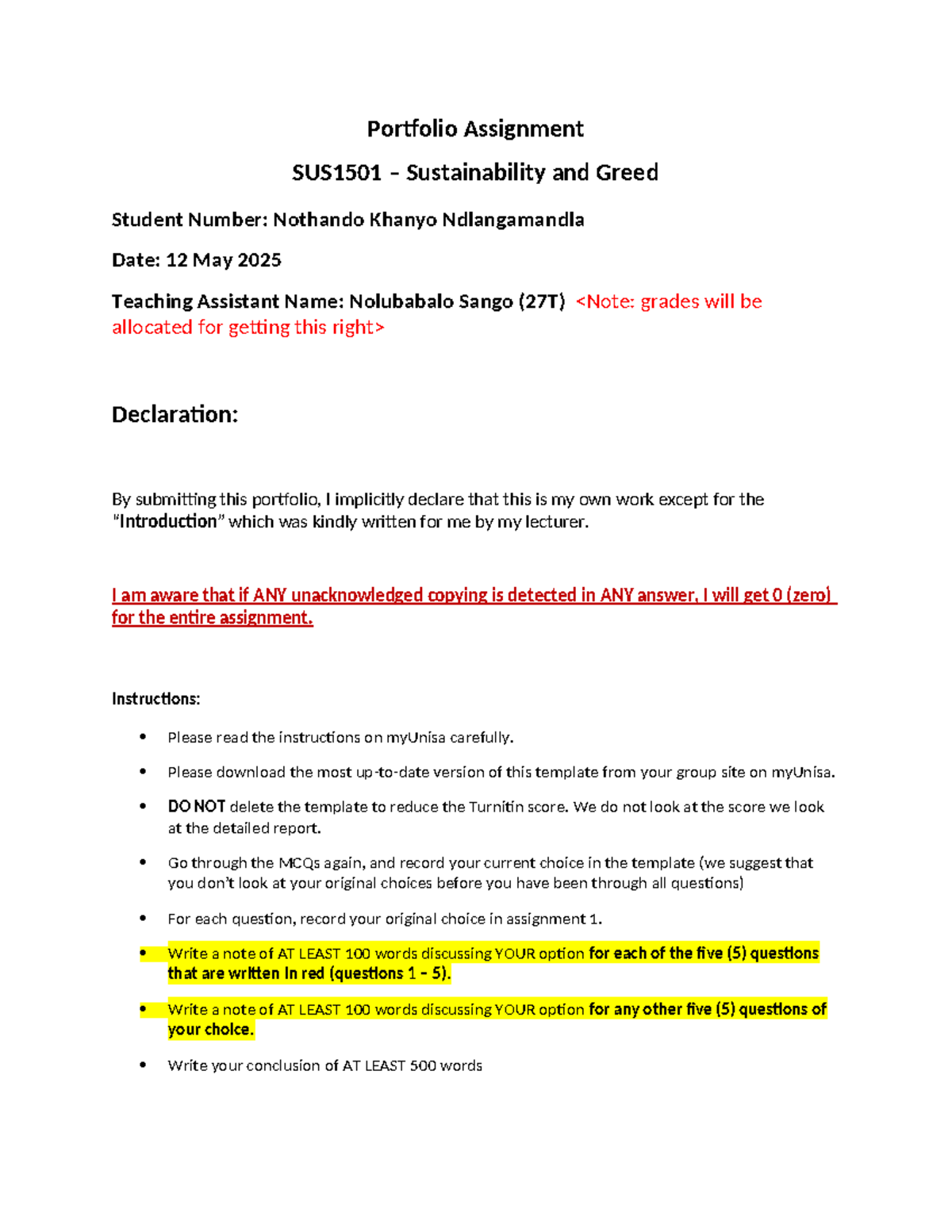 SUS1501 Portfolio Assignment: Insights on Sustainability and Greed ...