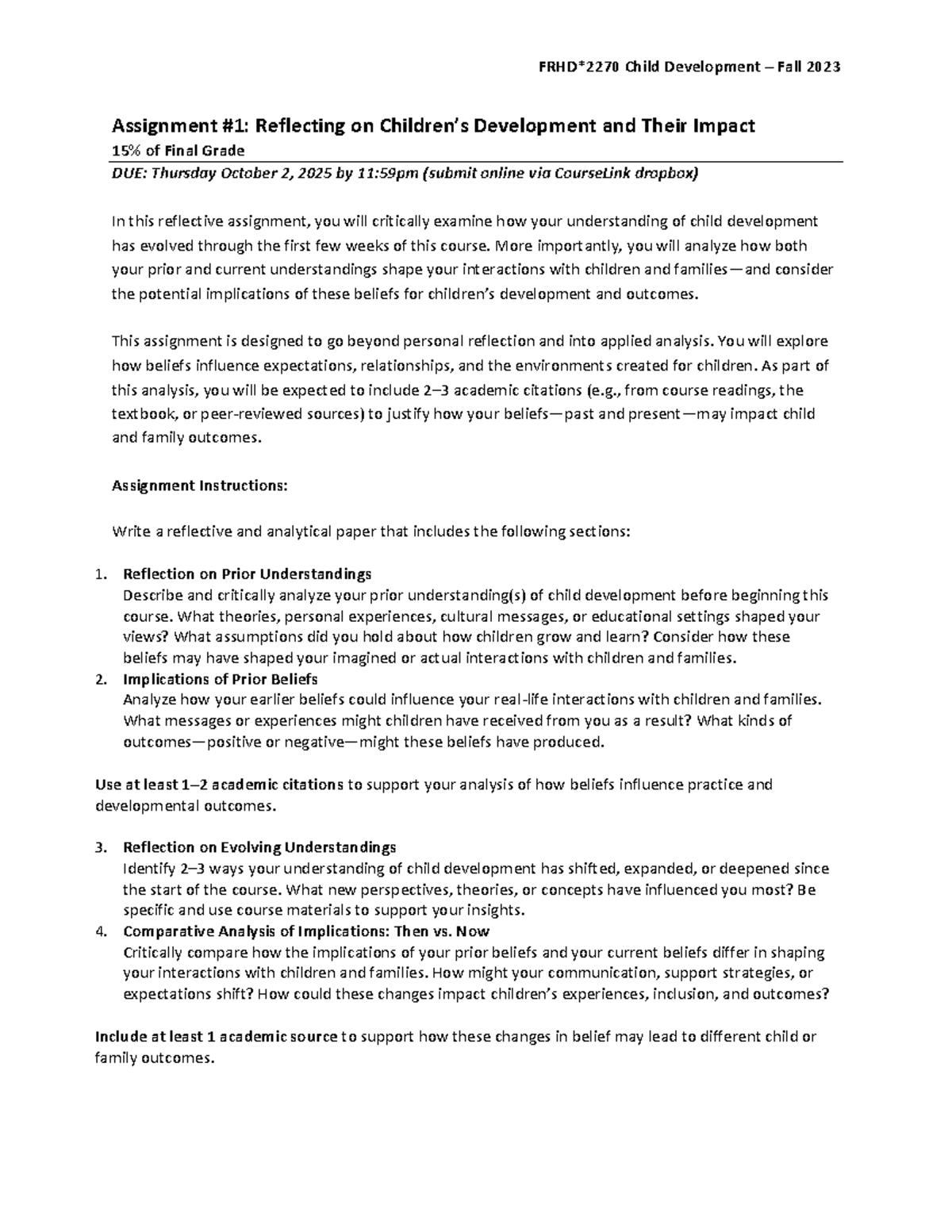 Child Development Fall 2023: Reflective Assignment on Evolving ...