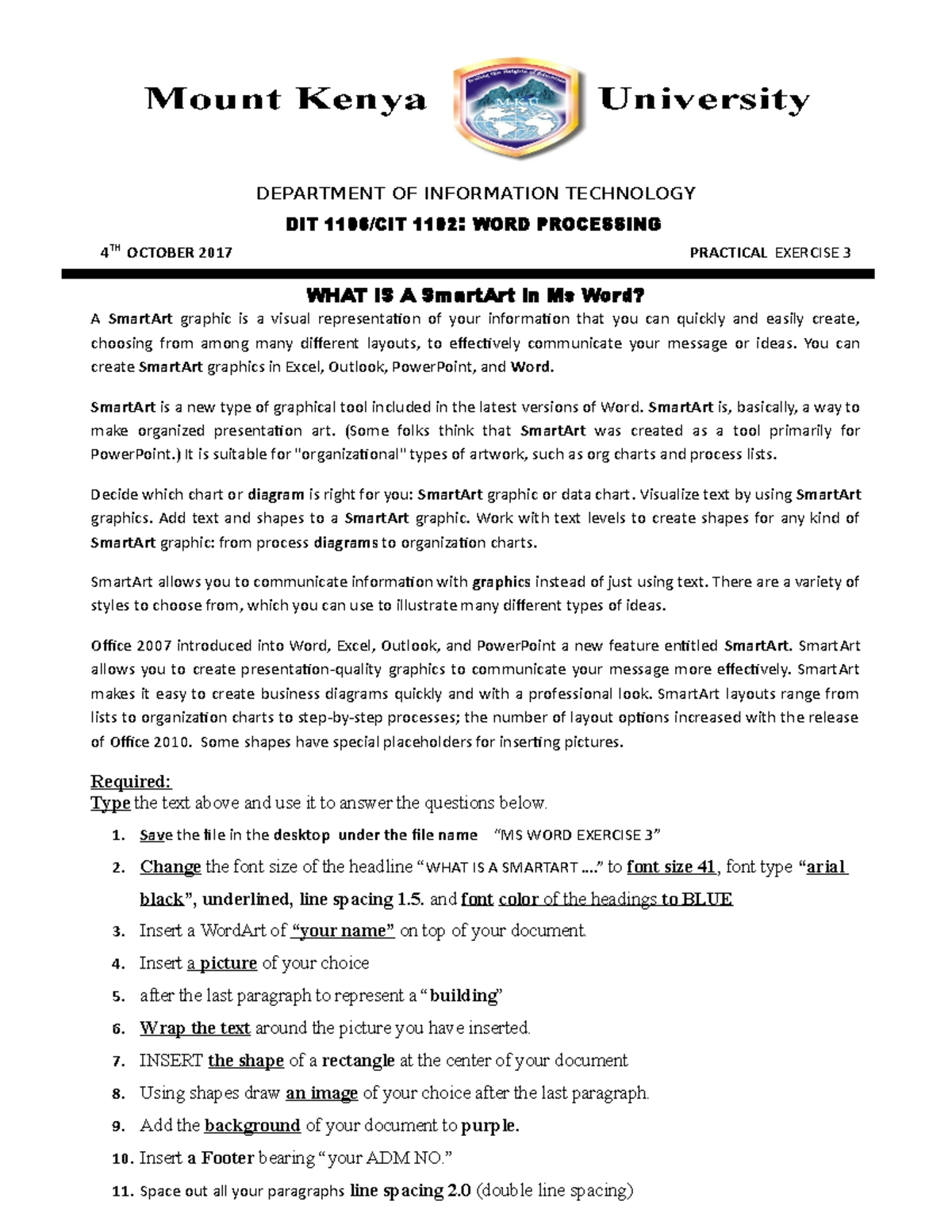 DIT 1106 /CIT 1102: WORD Processing Exercise 3 Practical Guide - Studocu