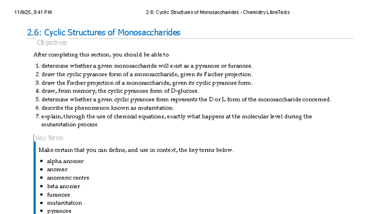 2.6: Cyclic Structures of Monosaccharides - Chemistry LibreTexts - Studocu