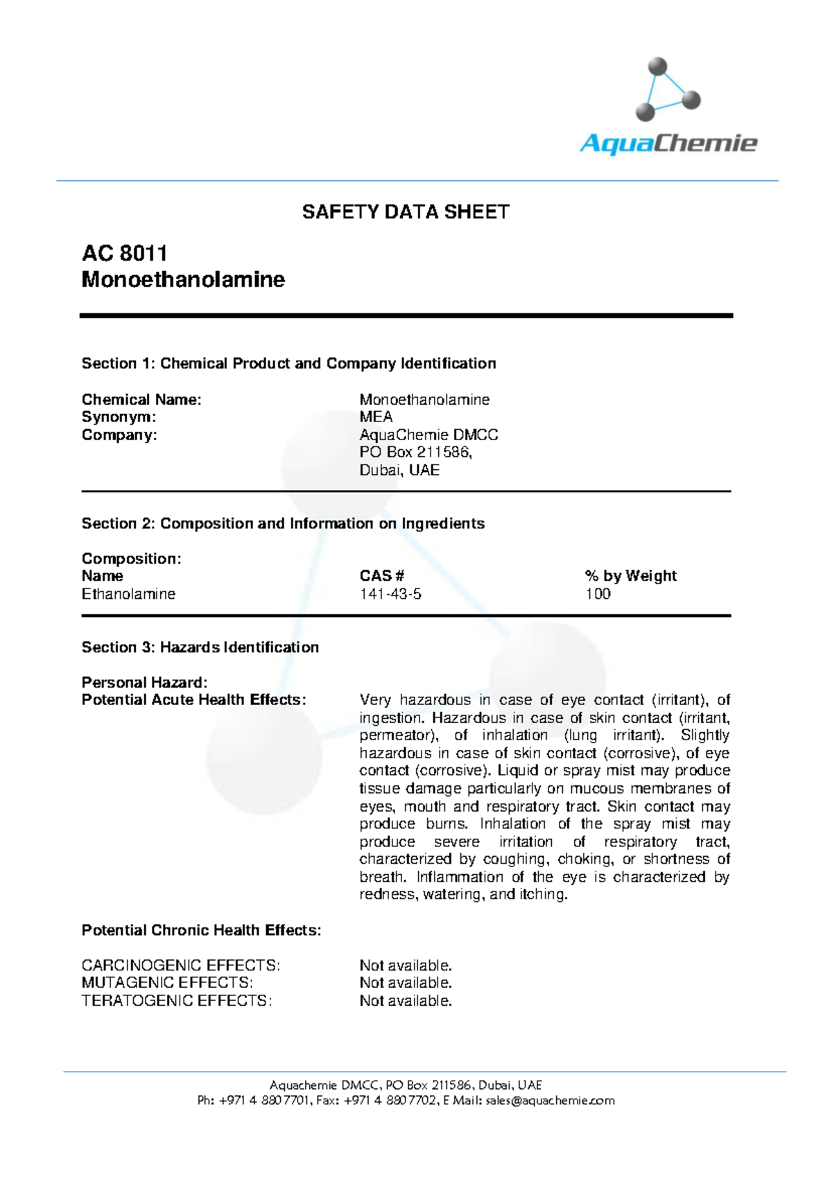 MSDS for Monoethanolamine (AC 8011) - Safety Data Sheet - Studocu