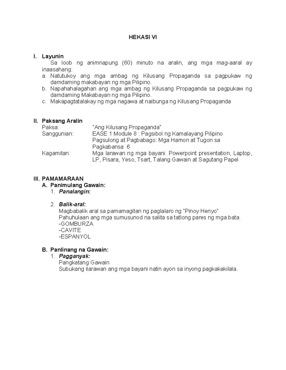 HEKASI VI Lesson Plan: Ambag ng Kilusang Propaganda - Studocu