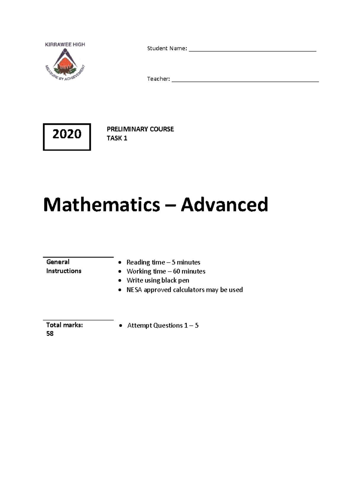 Year 11 Mathematics Advanced Task 1 Solutions 2020 - Studocu