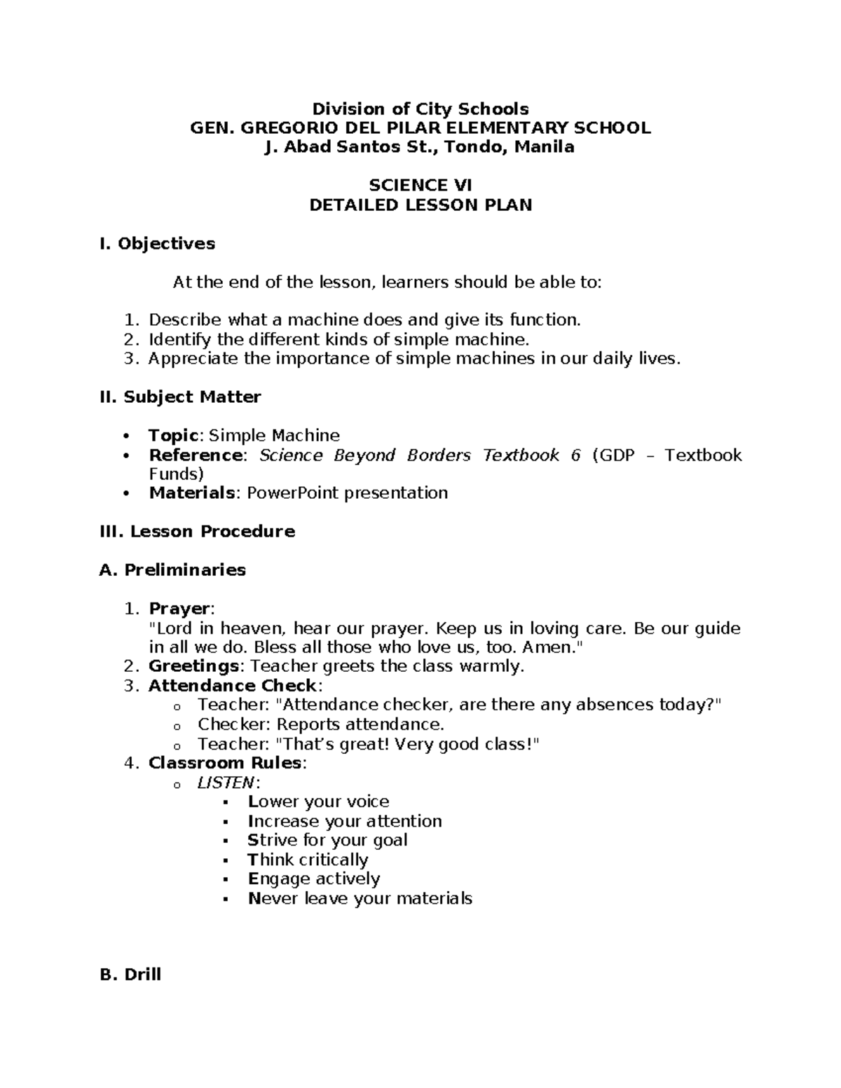 Detailed Lesson Plan on Simple Machines (SCI VI) - Studocu