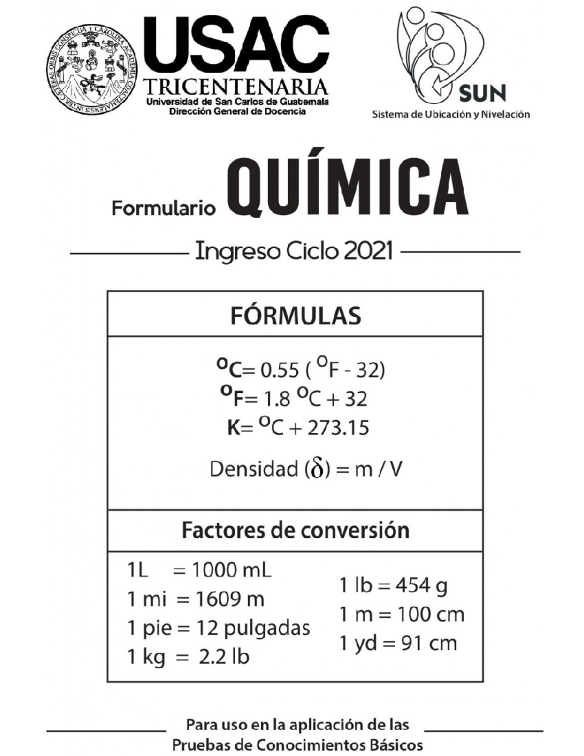 FOrmulas - Química - DEPARTMENT CAROUNA OFFICE USAC TRICENTENARIA SUN Universidad de San Carlos ...
