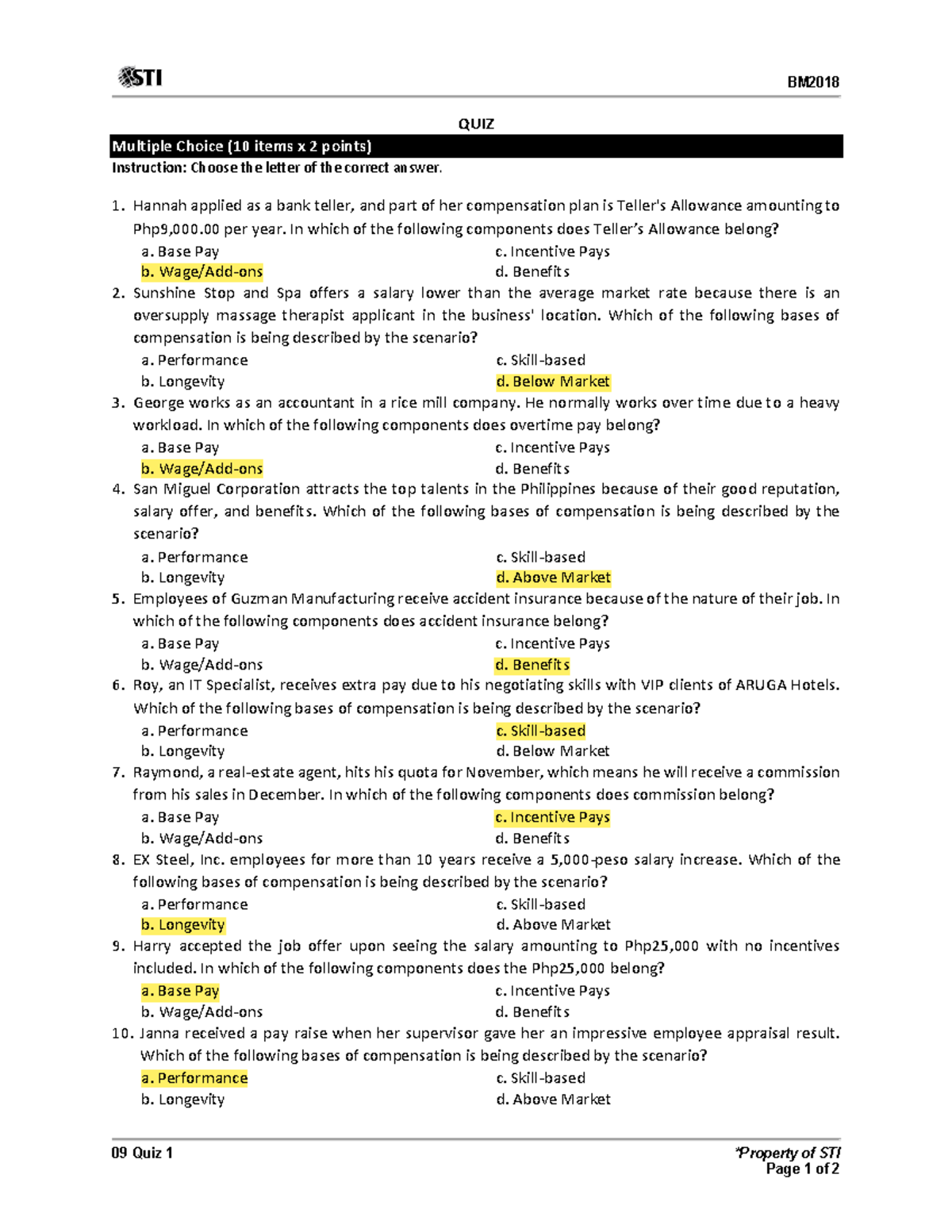 09 Quiz 1 - Human Resource Management Questions and Answers - Studocu