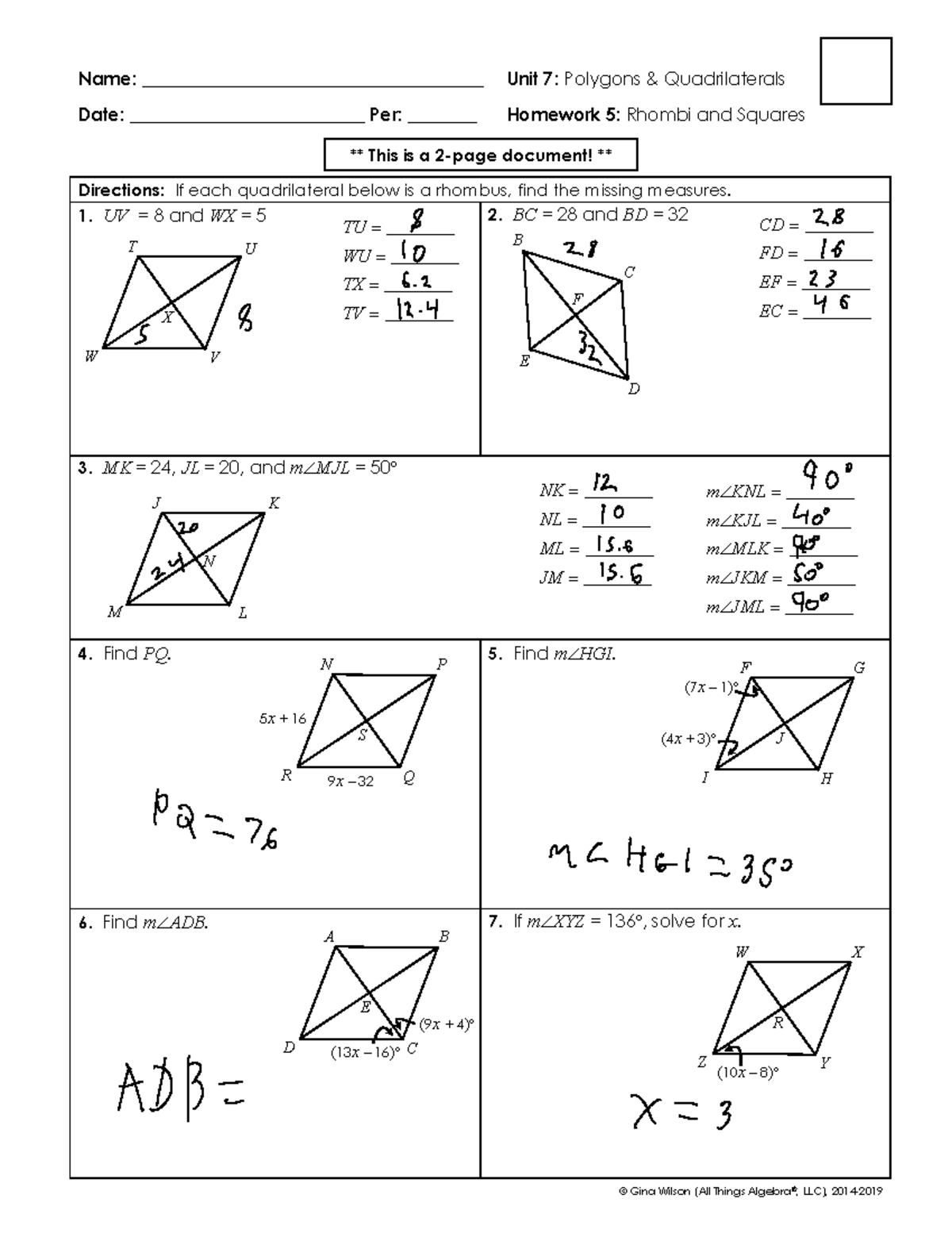 Day 19 Rhombi and Square HW Problems - Directions: If each ...