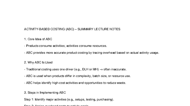 COSTING (ABC) SUMMARY LECTURE NOTES: Key Concepts and Implementation ...