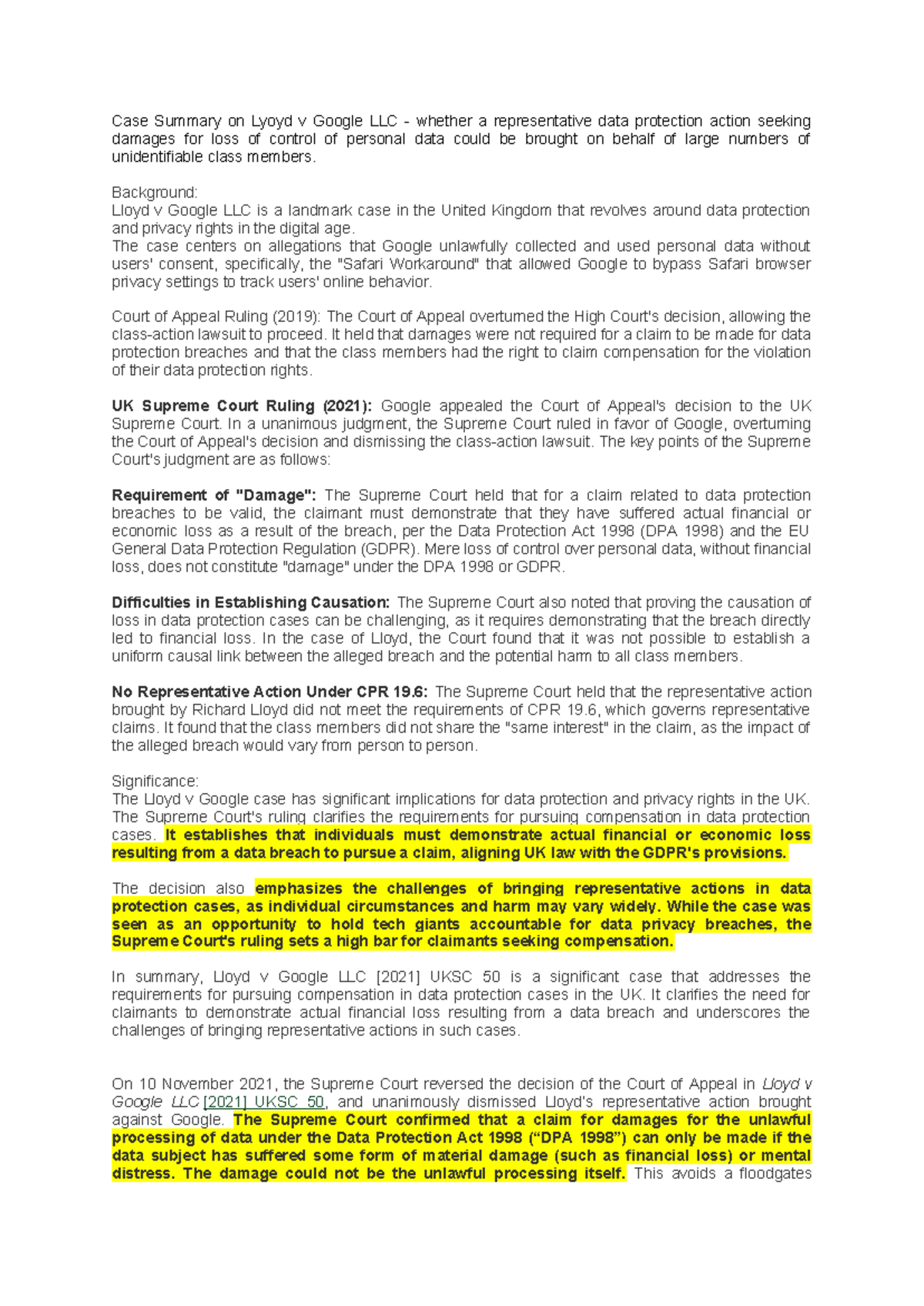 Case Summary: Lloyd v Google LLC - Supreme Court Ruling [2021] - Studocu