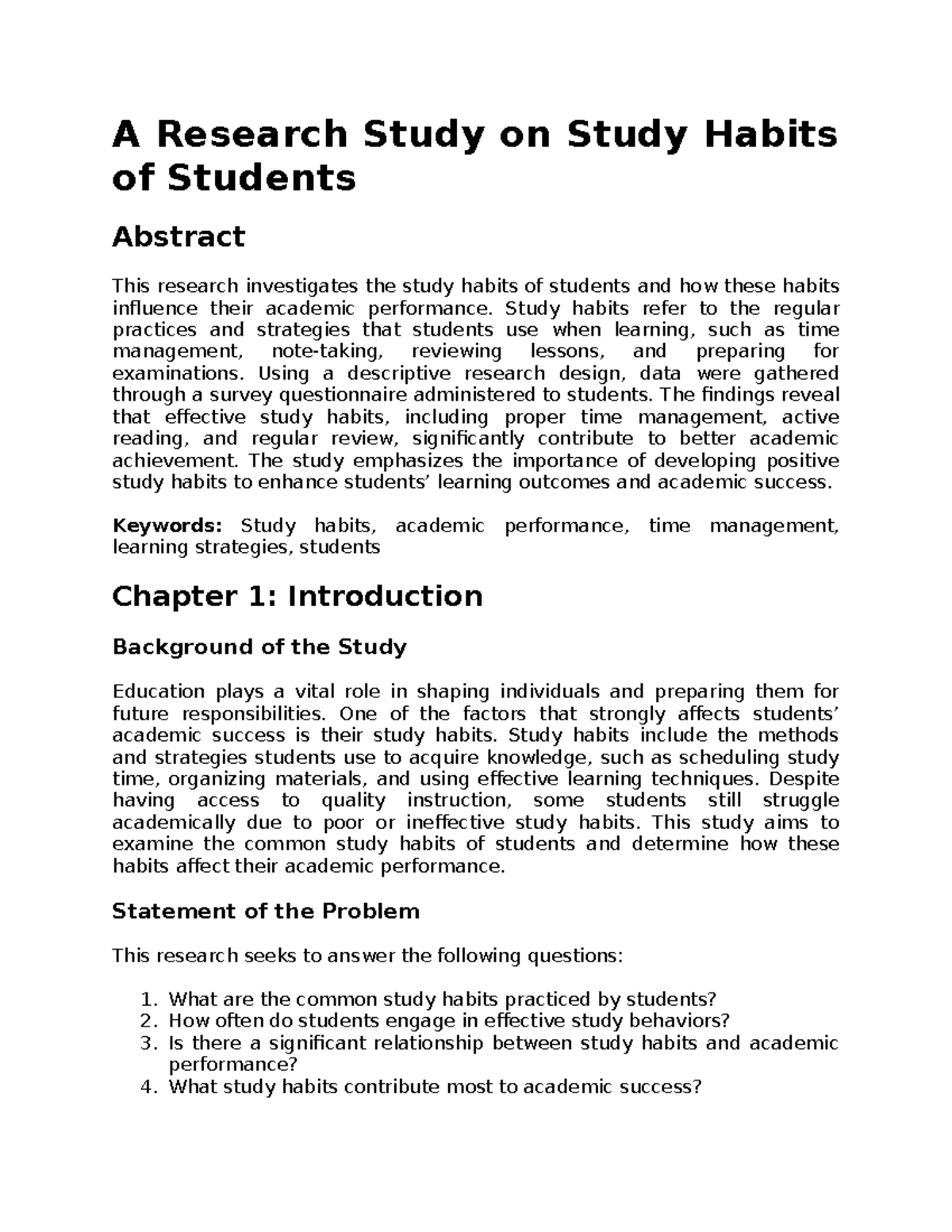 Study Habits and Academic Performance: A Research Study - Studocu