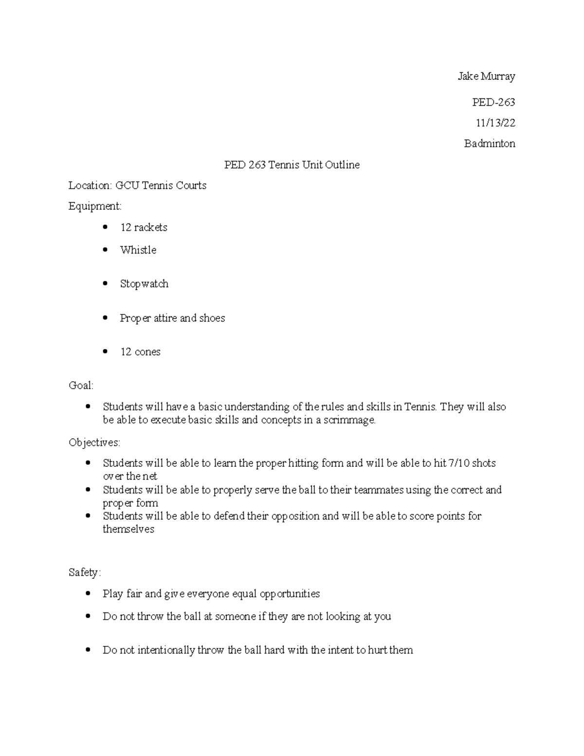 PED 263 Tennis Unit Outline: Goals, Objectives, and Schedule - Studocu
