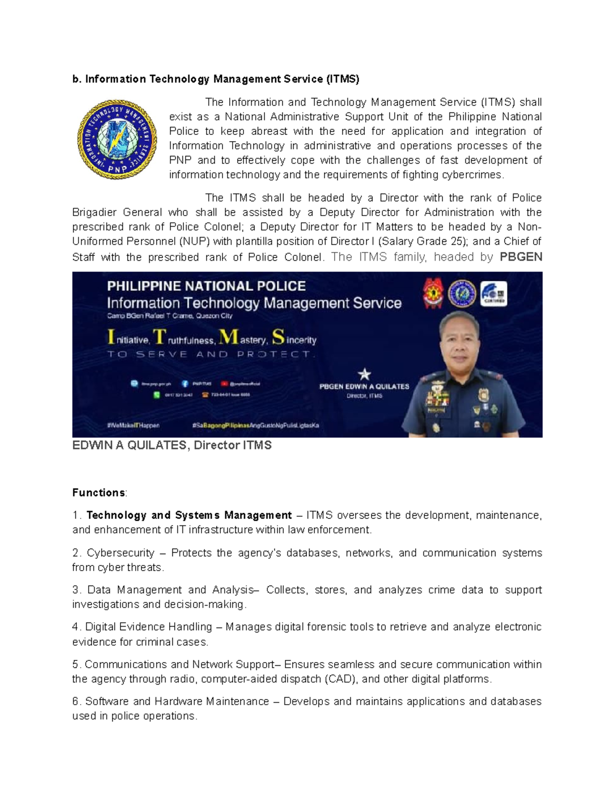 PNP ITMS & FS Overview: Structure, Functions, and Jurisdictions - Studocu
