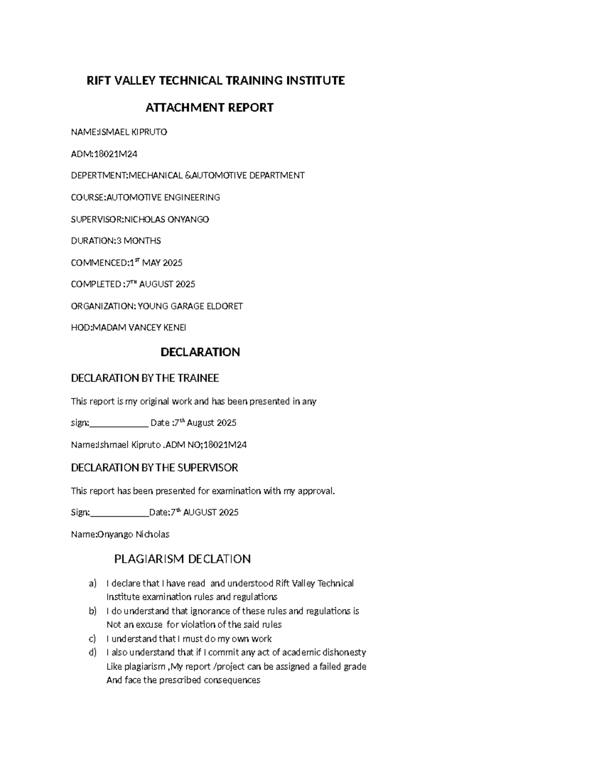 RIFT VALLEY TECHNICAL TRAINING INSTITUTE ATTACHMENT REPORT: AUTOMOTIVE ...