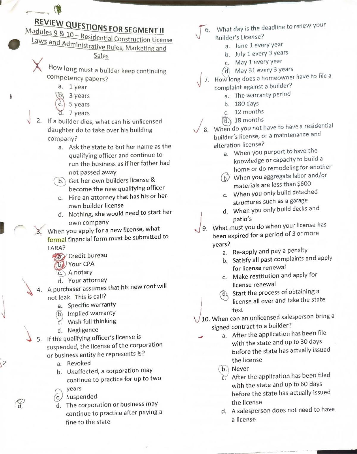 REVIEW QUESTIONS FOR SEGMENT II: RESIDENTIAL CONSTRUCTION LICENSE - Studocu