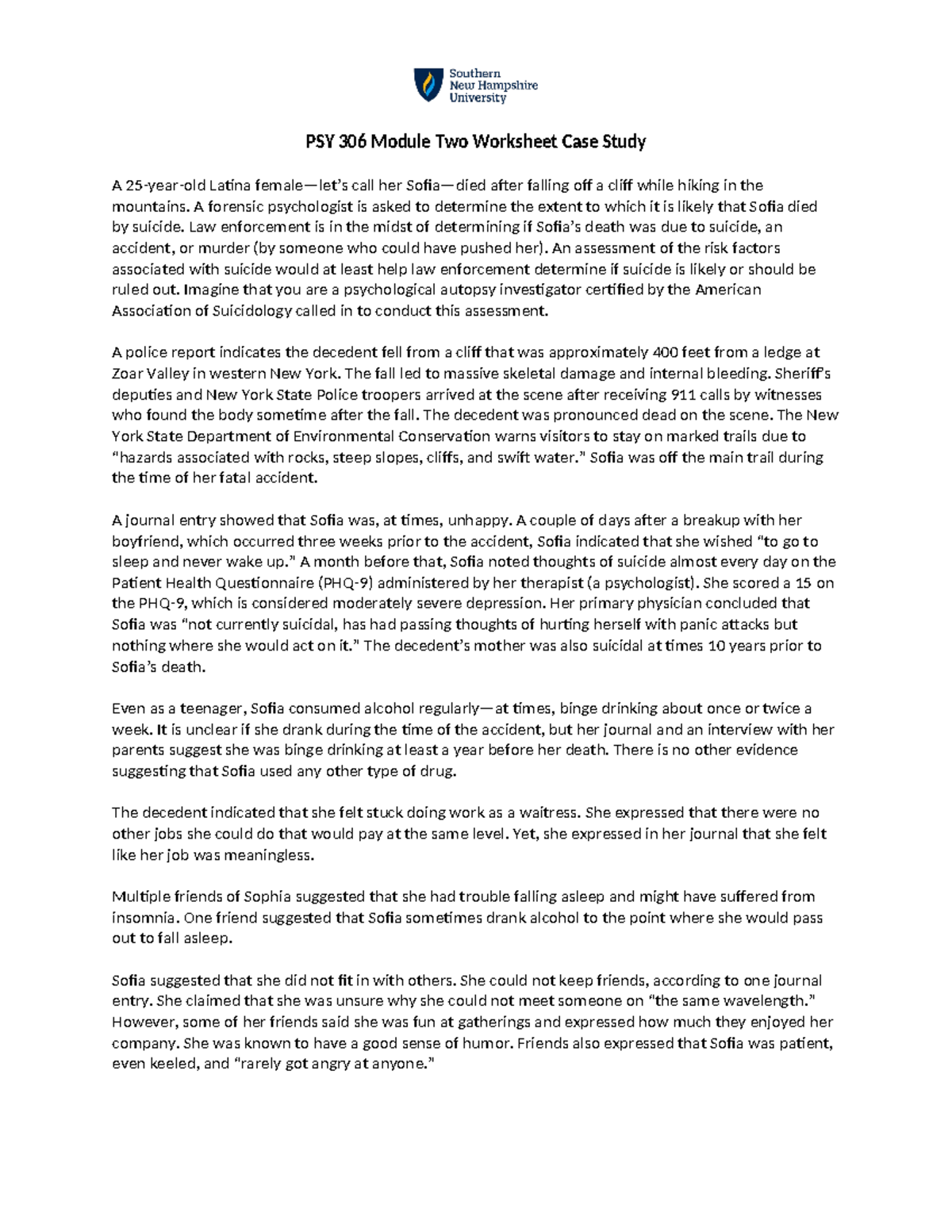 PSY 306 Module Two Worksheet: Forensic Case Study of Sofia's Death ...