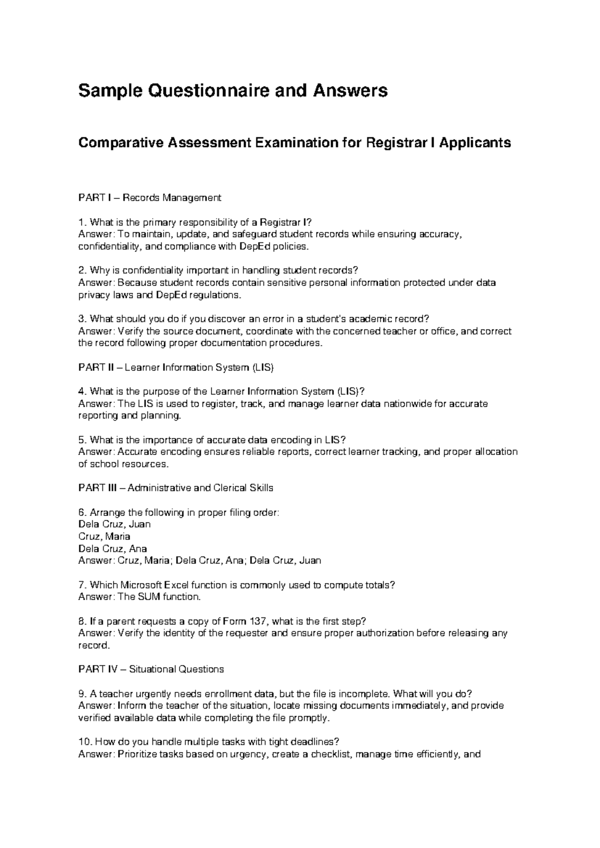 DepEd Registrar I Comparative Assessment Exam Sample Q&A - Studocu