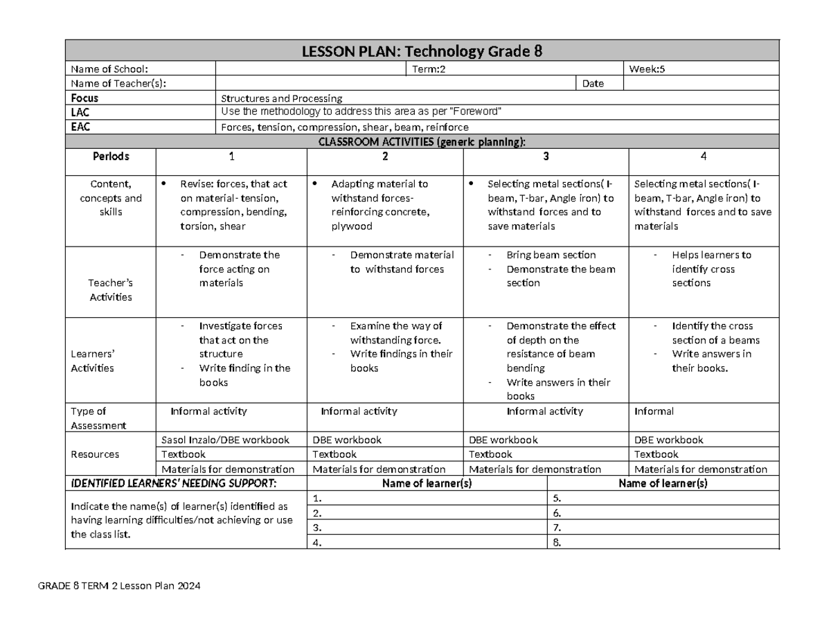 Grade 8 Term 2 Lesson Plan: Week 5 - Forces & Structures - Studocu