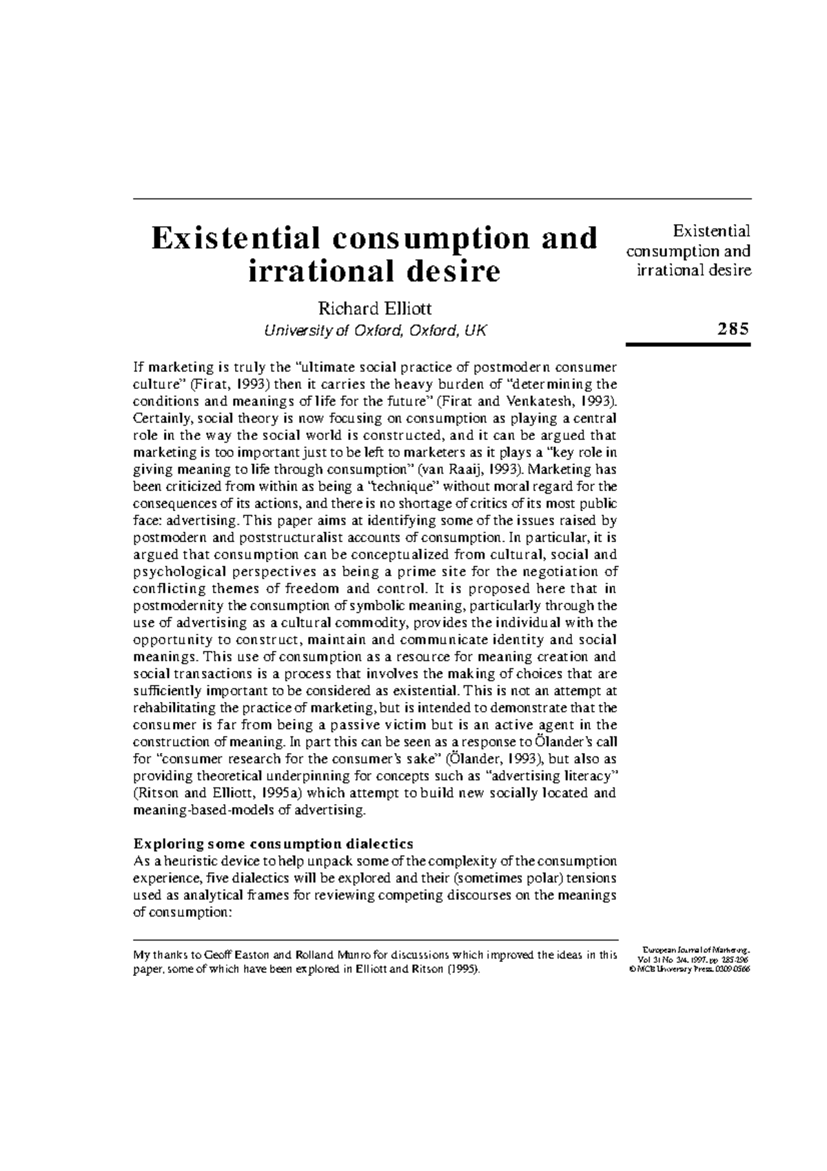 Elliott's Study on Existential Consumption & Irrational Desire (MKT 285 ...