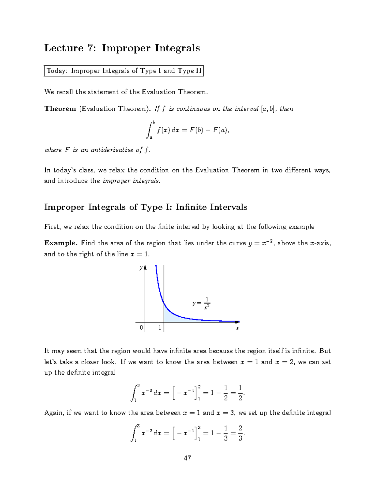 Improper Integrals Lecture Notes Lecture 7 Improper Integrals Today Improper Integrals Of