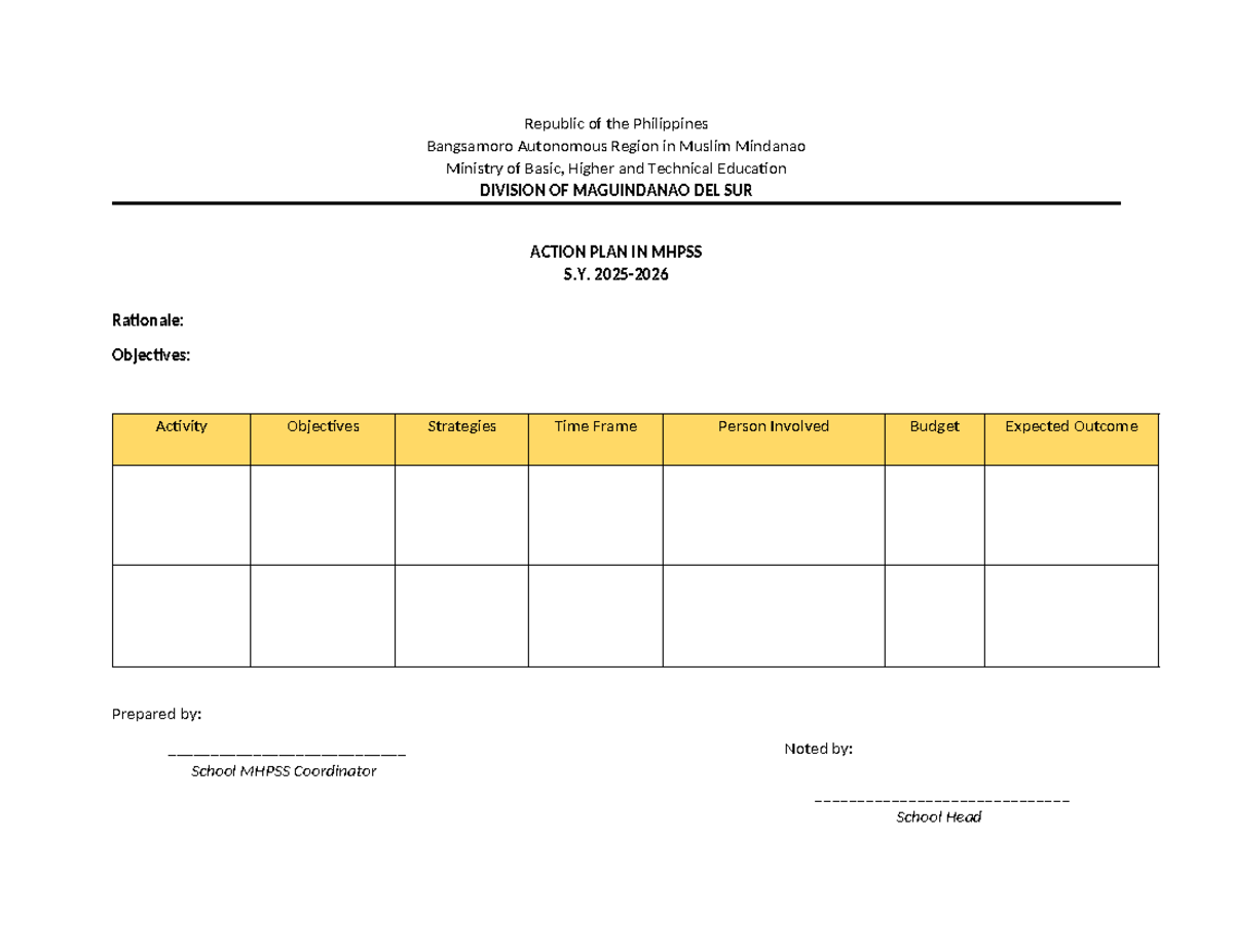 Action plan in Template Mhpss 2025 - Bachelor of Science in Computer ...