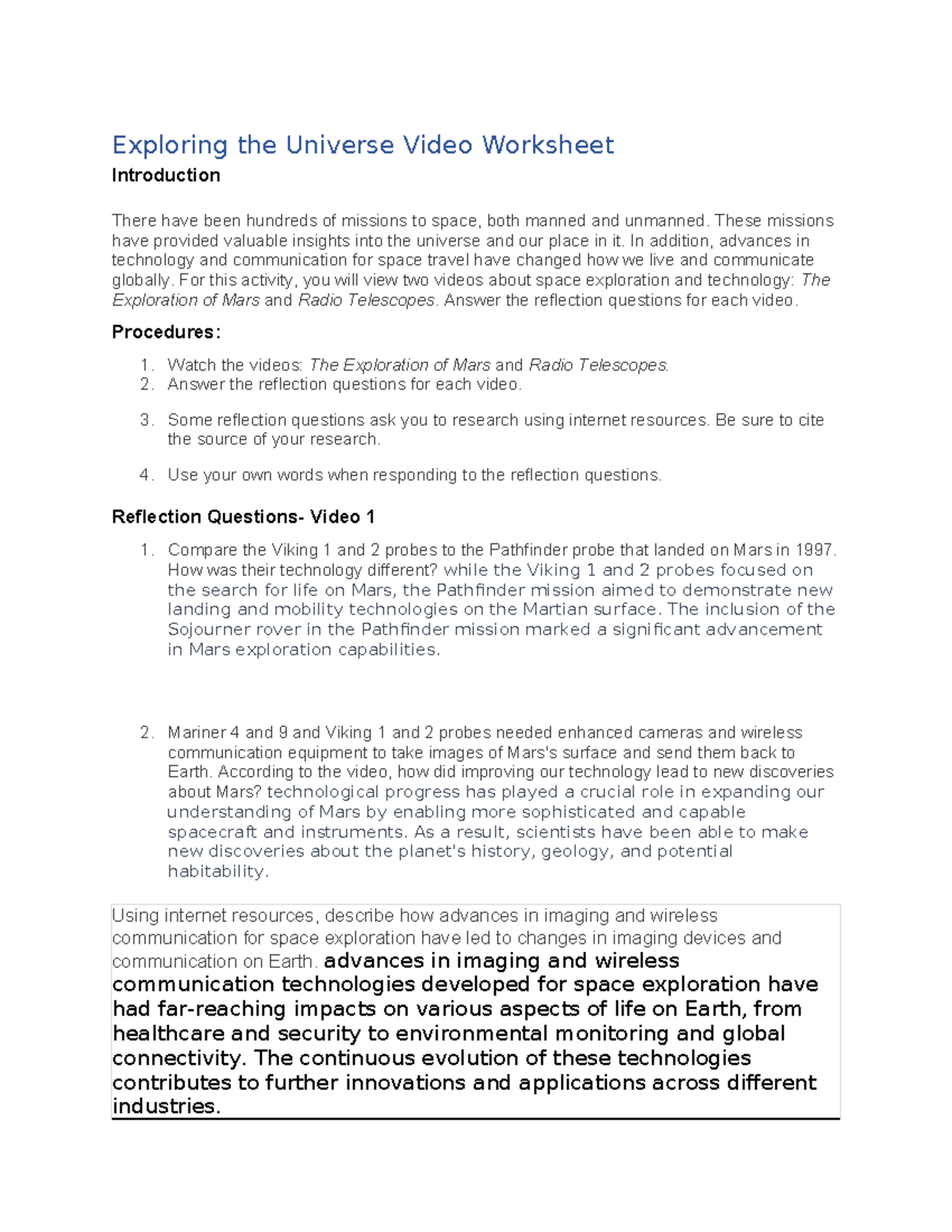 Exploring the Universe: Video Worksheet on Space Missions - Studocu