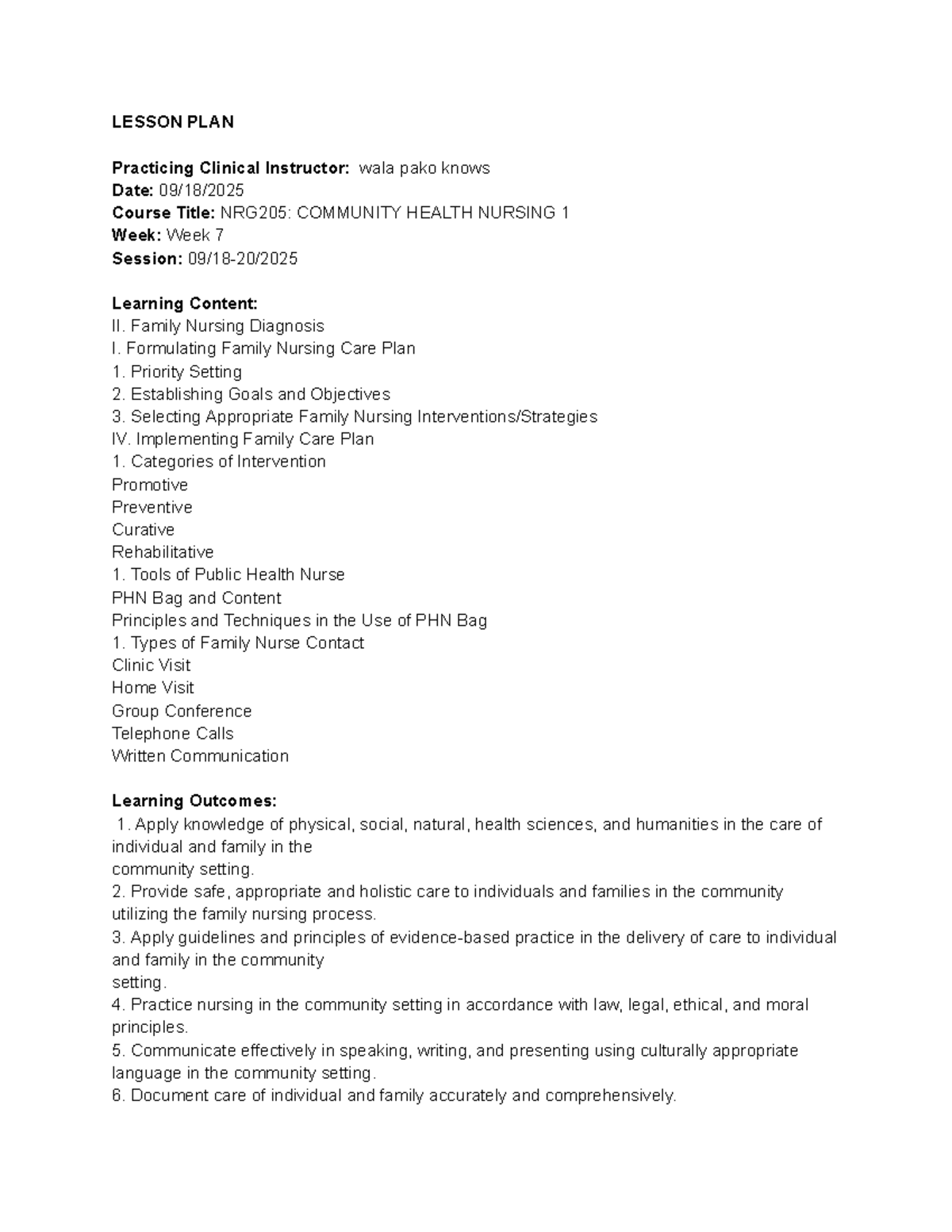 NRG205: Community Health Nursing 1 - Week 7 Lesson Plan - Studocu