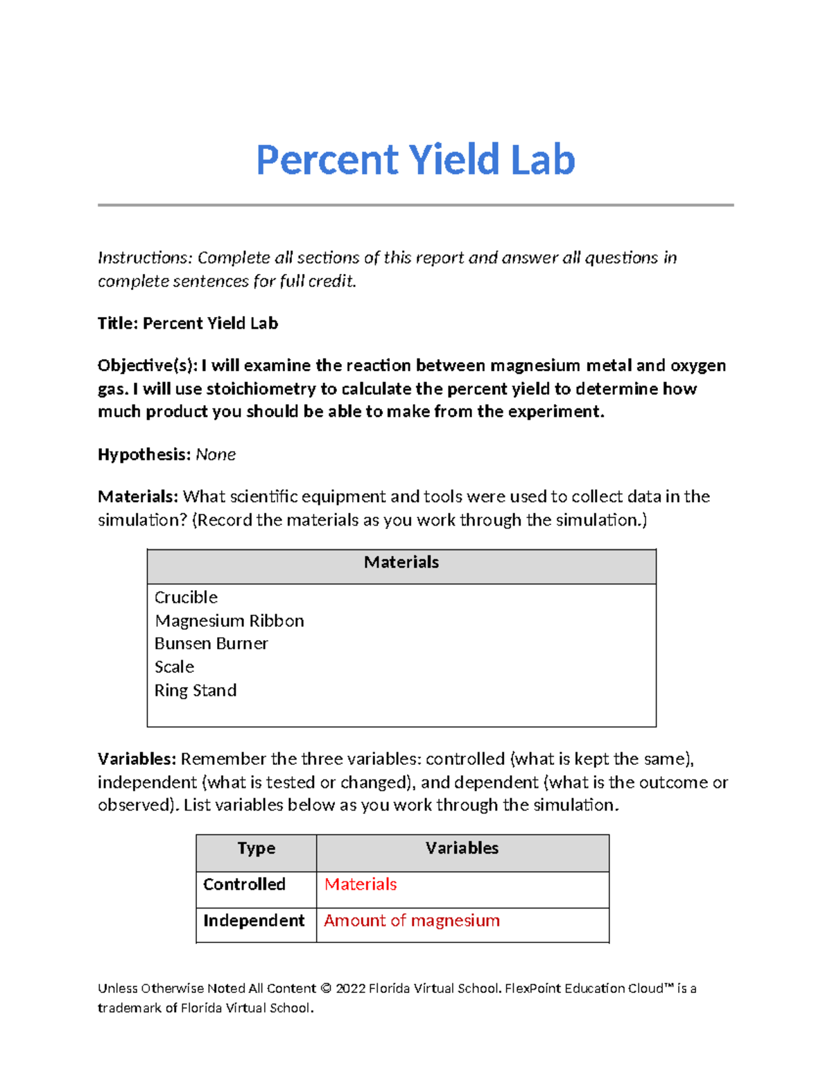 Percent Yield Lab Report: Mg + O2 Reaction Calculations - Studocu