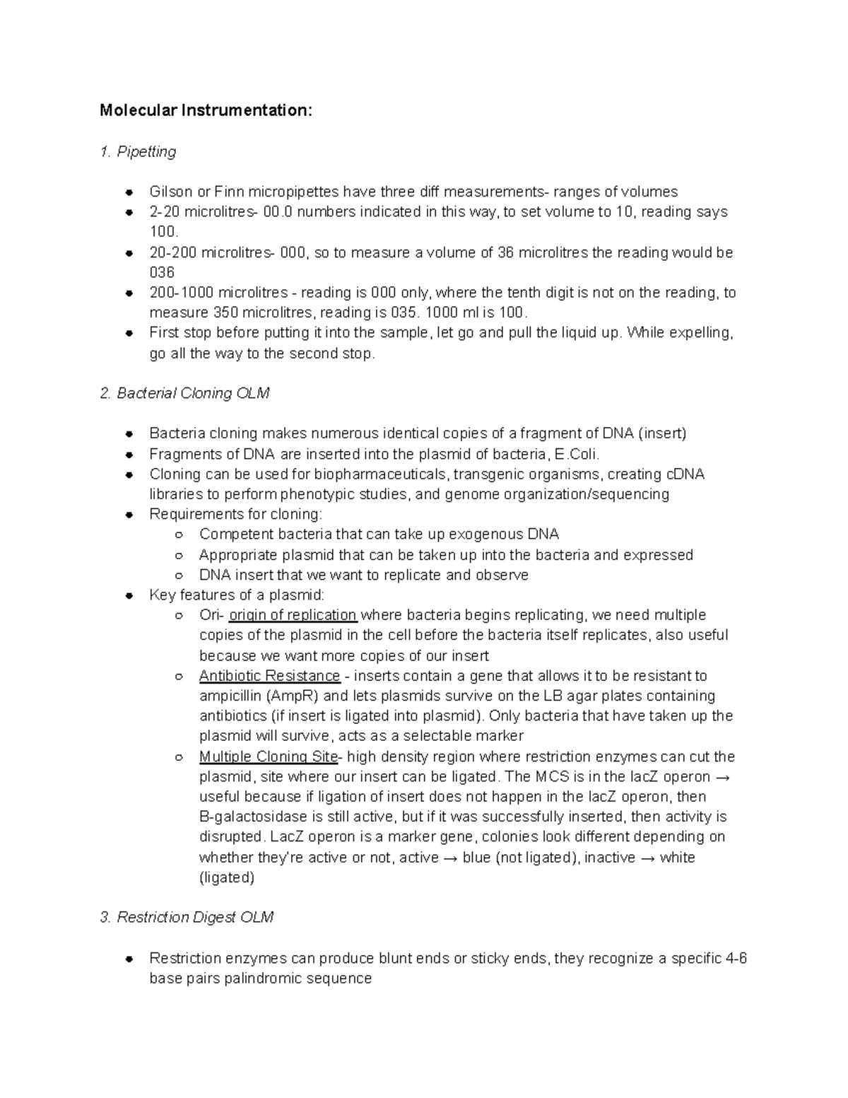 Molecular Instrumentation Notes: Pipetting, Cloning, and More - Studocu