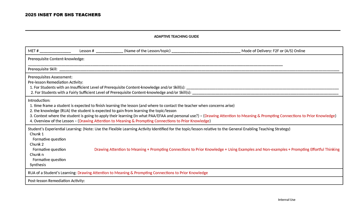 2025 INSET for SHS Teachers: Adaptive Teaching Guide (MET) - Studocu