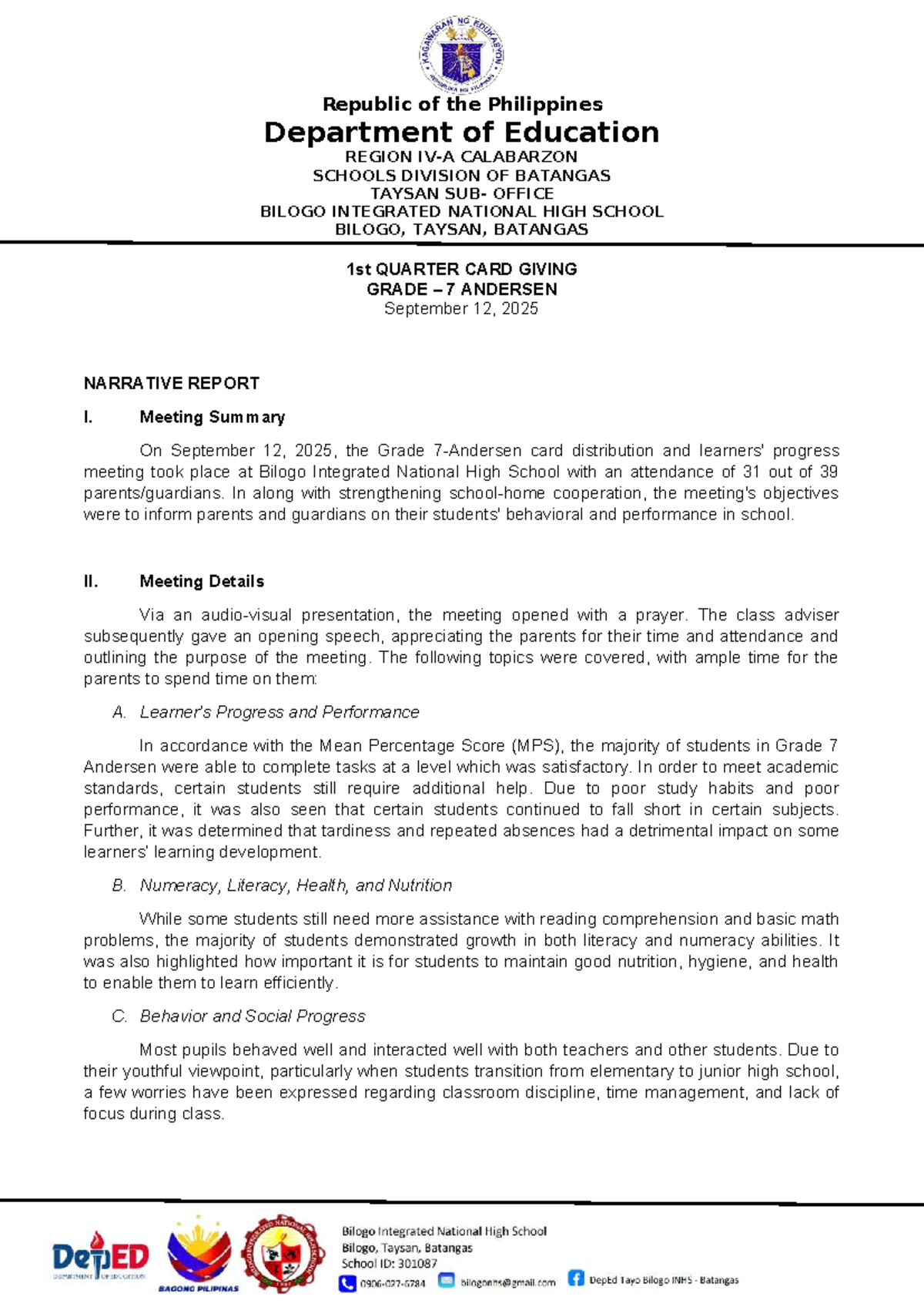 Grade 7 Andersen 1st Quarter Narrative Report - Card Giving 2025 - Studocu