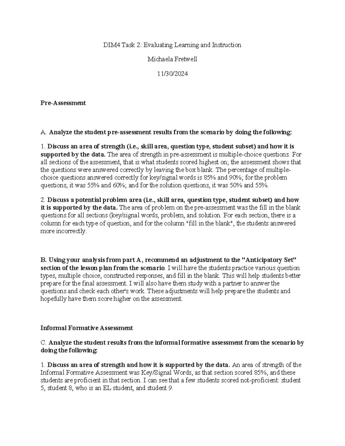 Task 2 evaluating learning and instruction - DIM4 Task 2: Evaluating Learning and Instruction ...