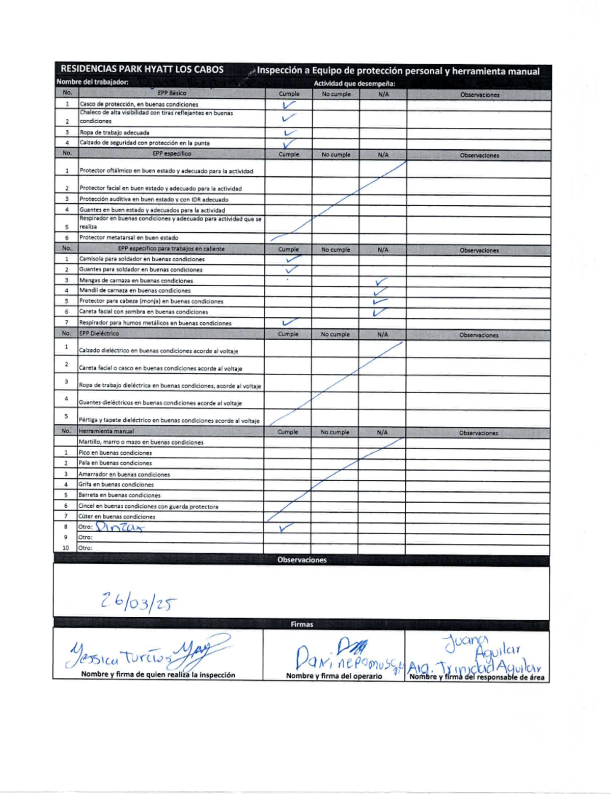 Inspección de equipo de protección personal y herramientas manuales ...