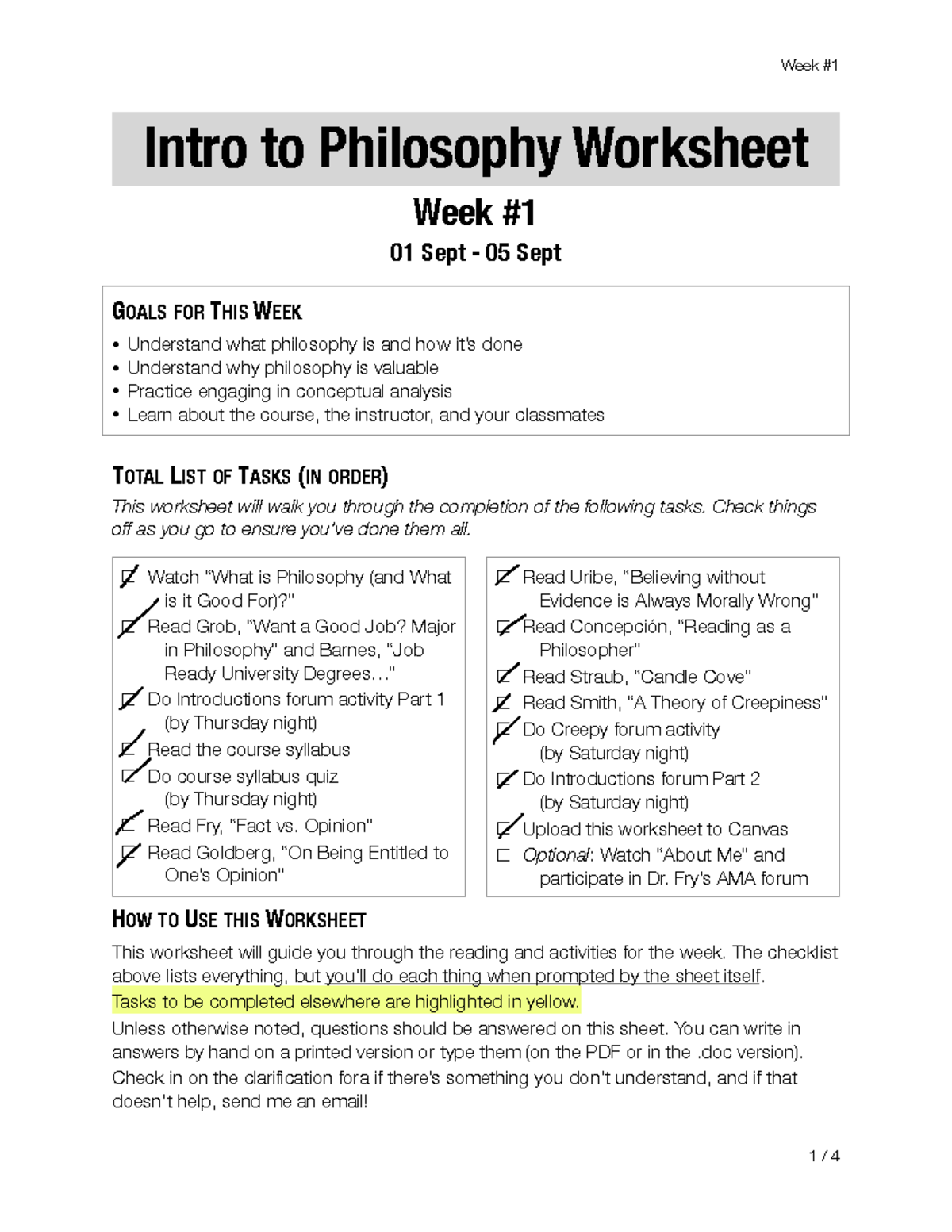 Week 1 Worksheet What is Philosophy? - Week Intro to Philosophy ...