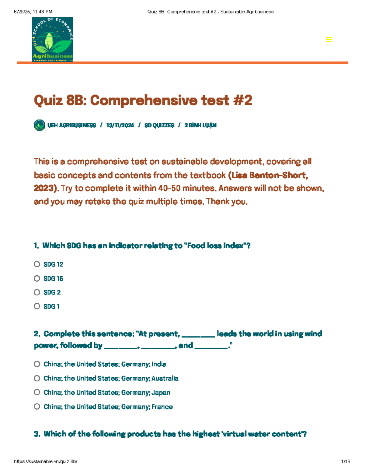 Quiz 8B: Comprehensive Test on Sustainable Agribusiness - Studocu