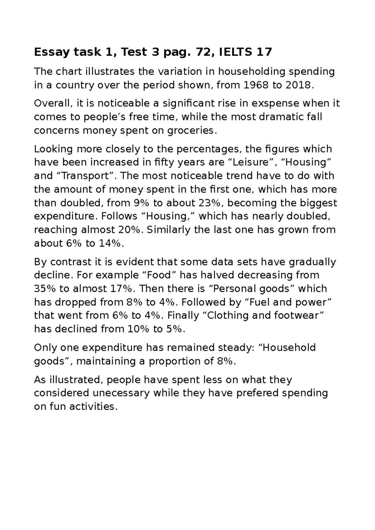 IELTS 17 Essay Task 1: Household Spending Trends (1968-2018) - Studocu