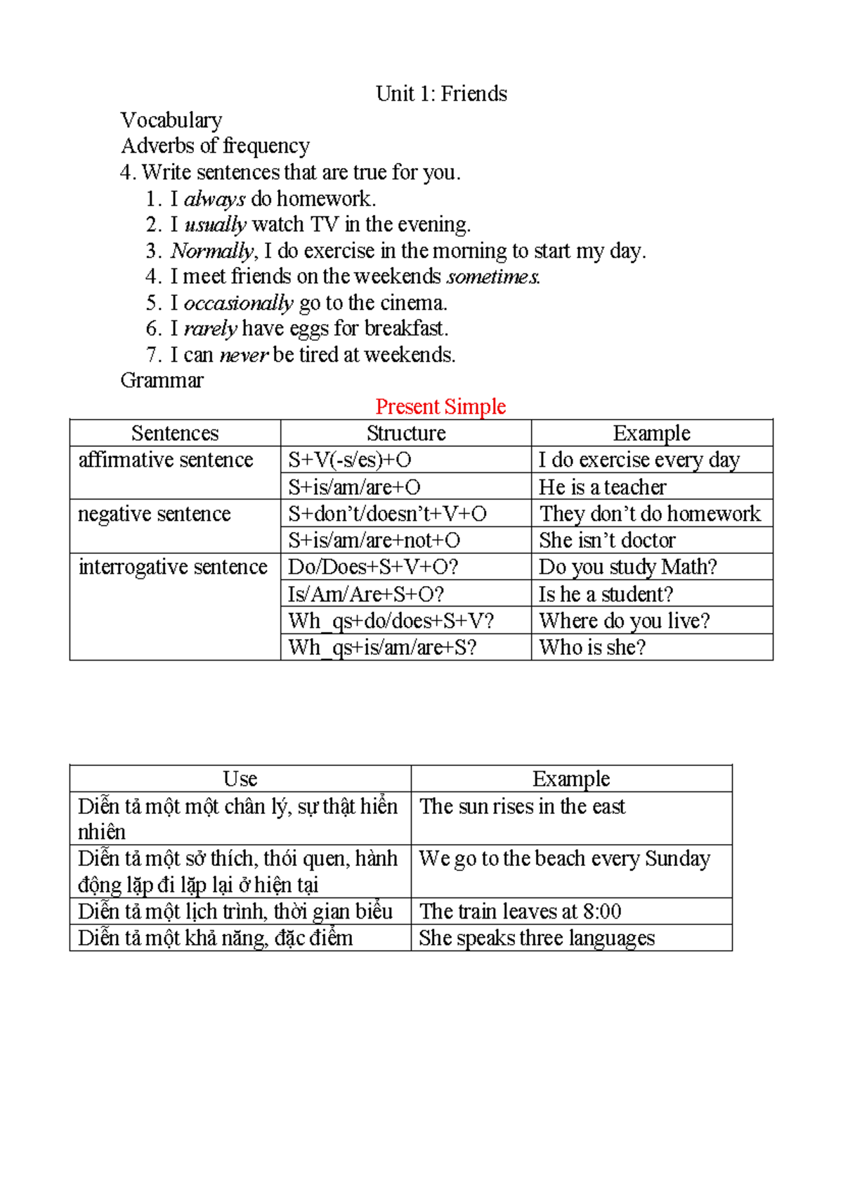 Unit 1: Friends - Vocabulary & Grammar Notes - Studocu