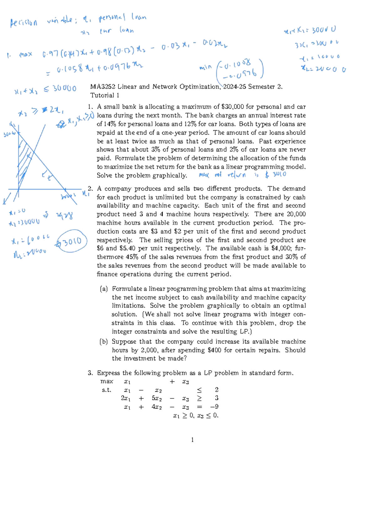 MA3252 Linear & Network Optimization: Tutorial 1 Solutions - Studocu