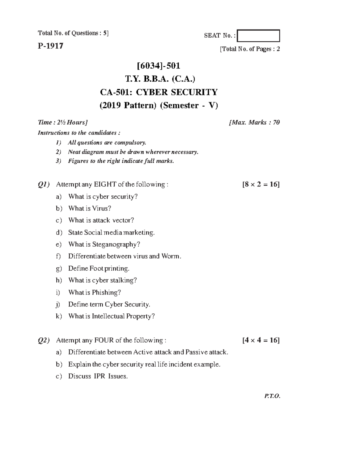 CA-501 Cyber Security Midterm Question Paper - T.Y. B.B.A. (C.A.) - Studocu