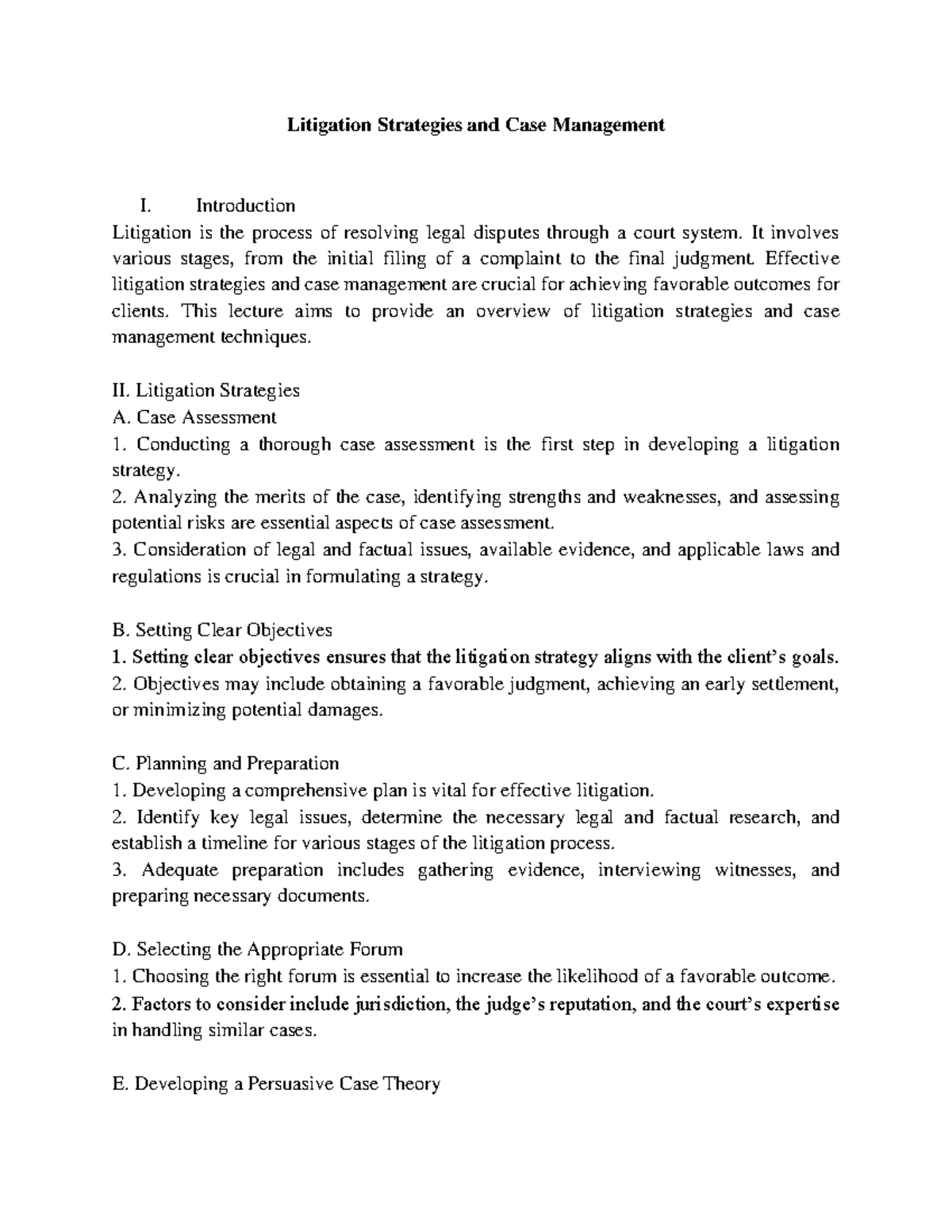Litigation Strategies & Case Management Overview - Lecture Notes - Studocu
