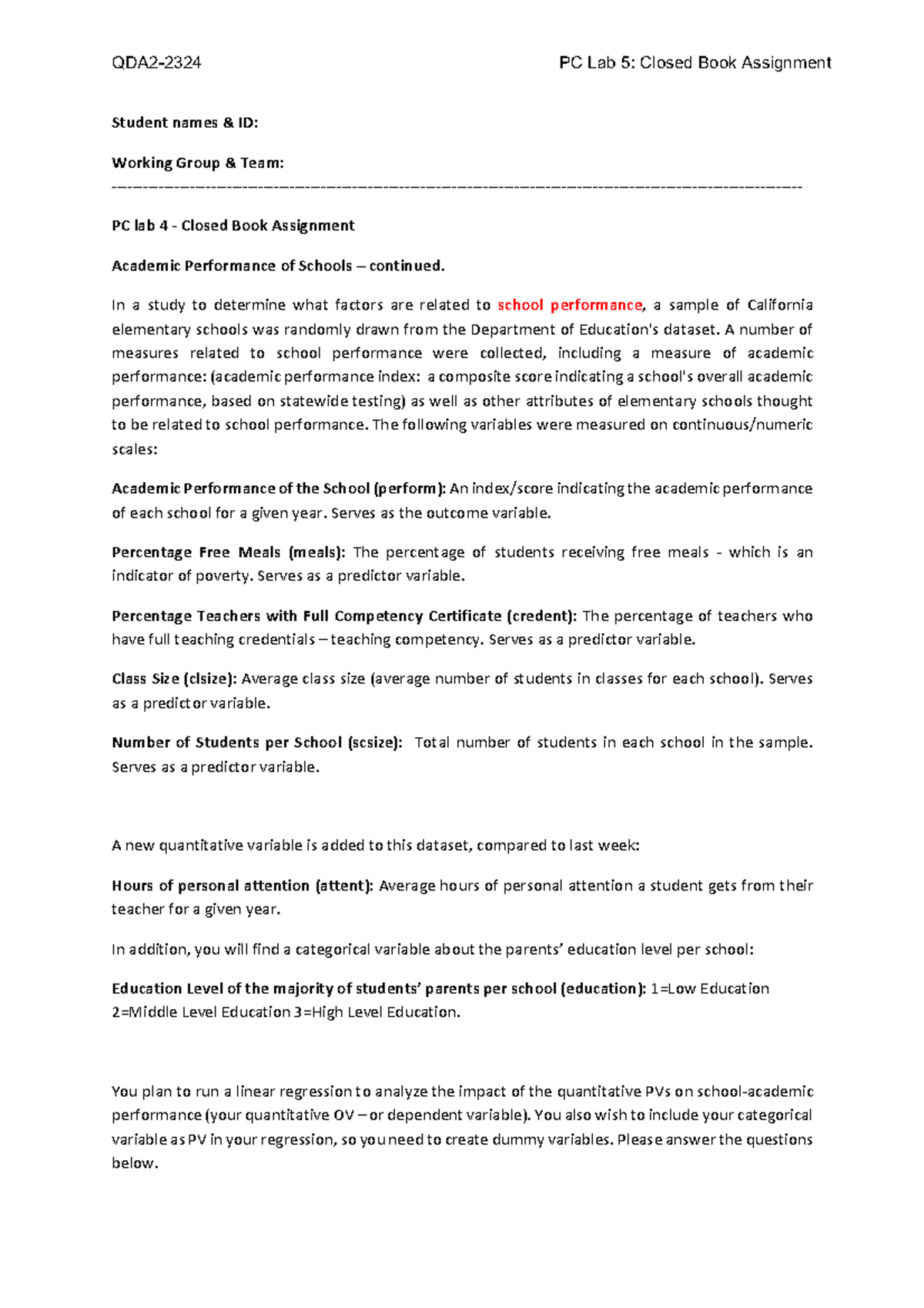 W6 - Closed Book Assignment on School Performance Analysis - Studeersnel