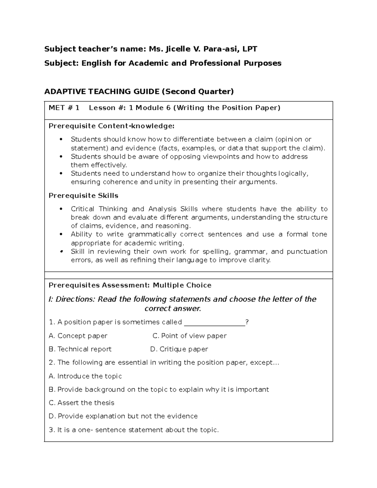 Second quarter EAPP-ATG - Subject teacher’s name: Ms. Jicelle V. Para ...