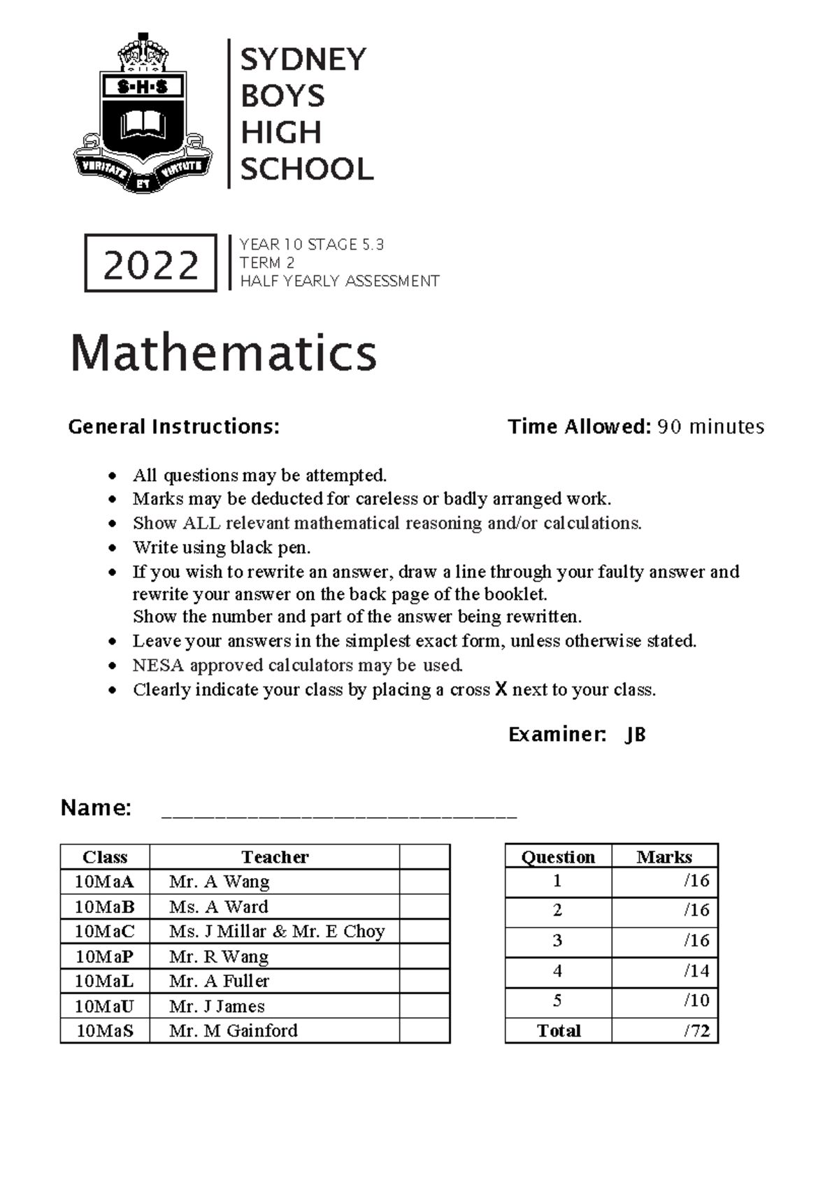 Sydney Boys High 2022 Year 10 Maths Term 2 Half-Yearly Assessment - Studocu