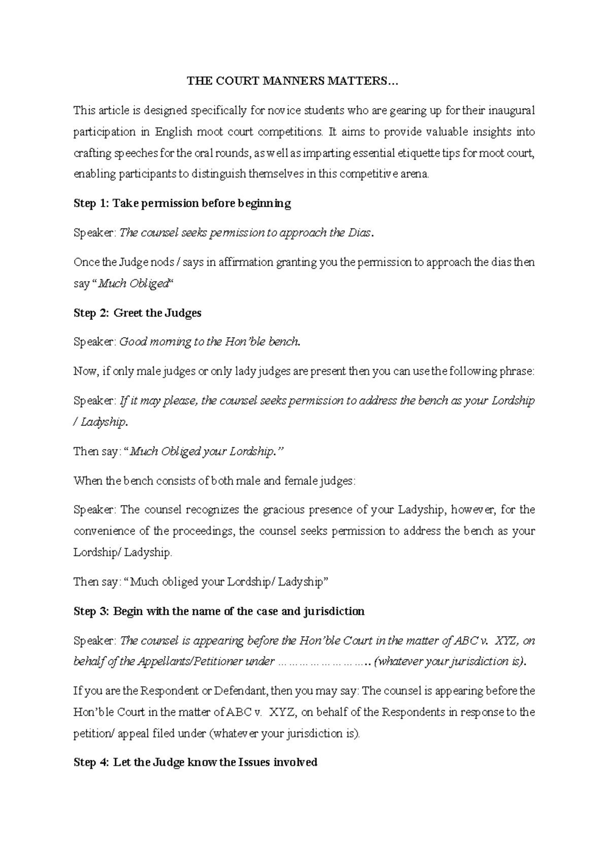 Moot Court Etiquette & Speech Guide for Novice Participants - Studocu