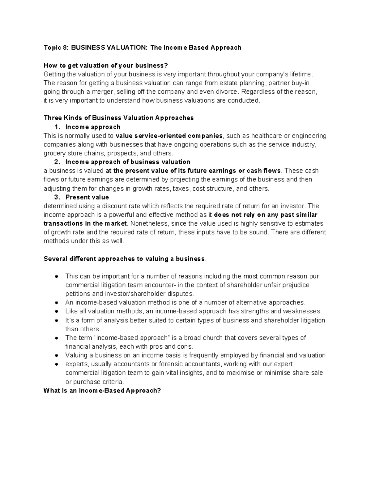 Topic 8 - Business Valuation: Income-Based Approach Insights - Studocu